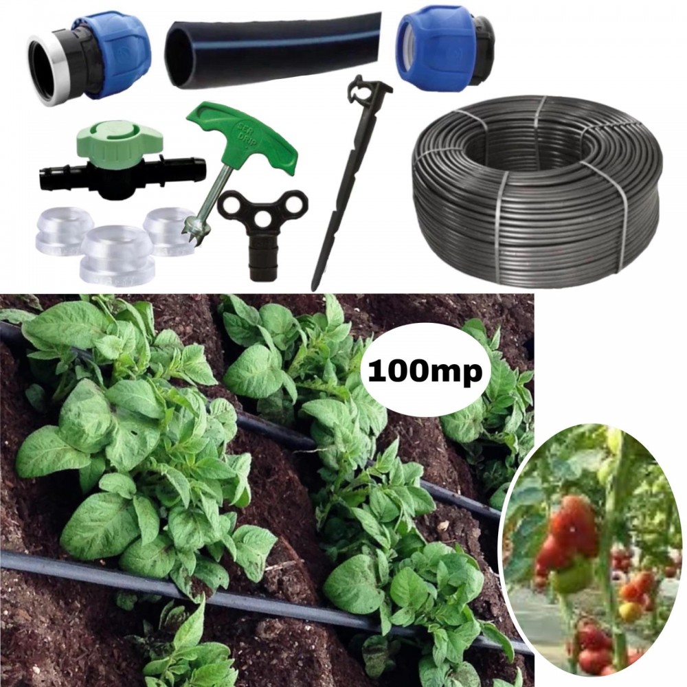 Kit irigare tub picurare complet 100mp, cultura de rosii, 50cm/100m